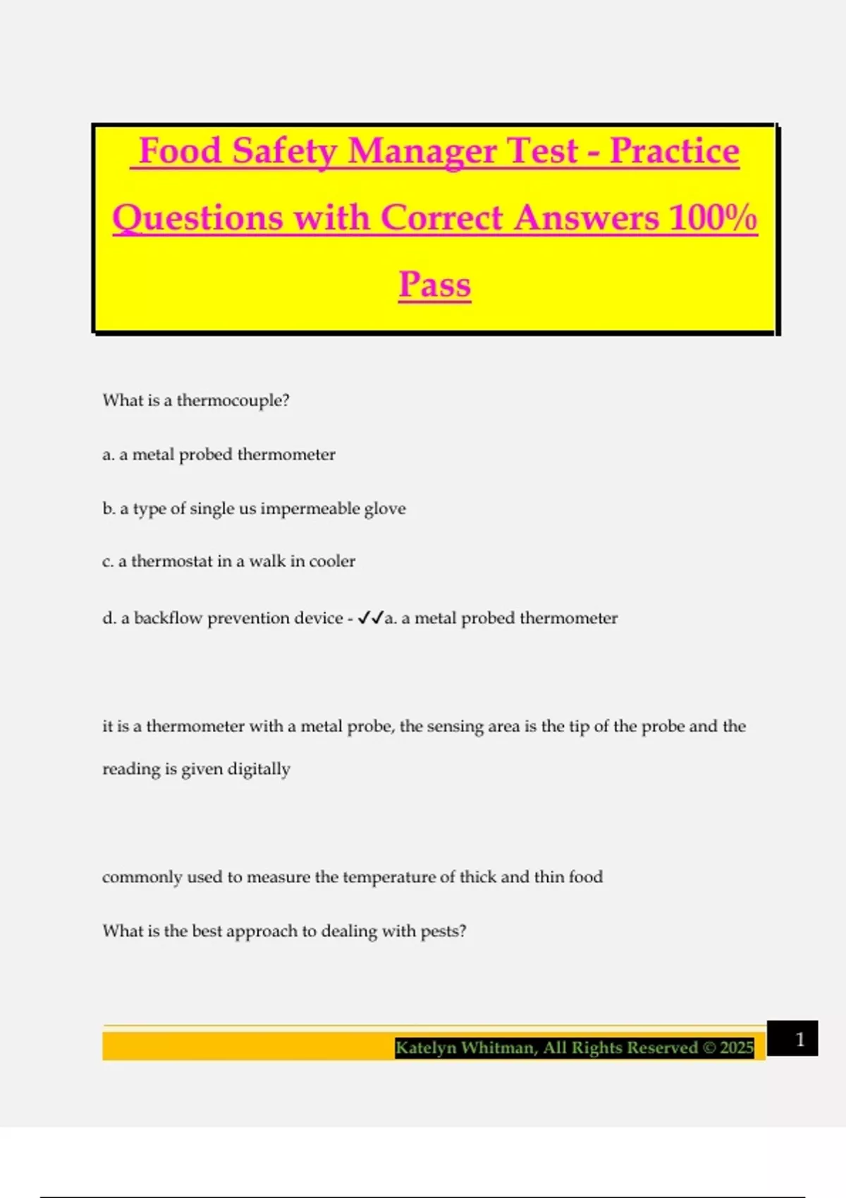Food Safety Manager Test - Practice Questions with Correct Answers 100% ...