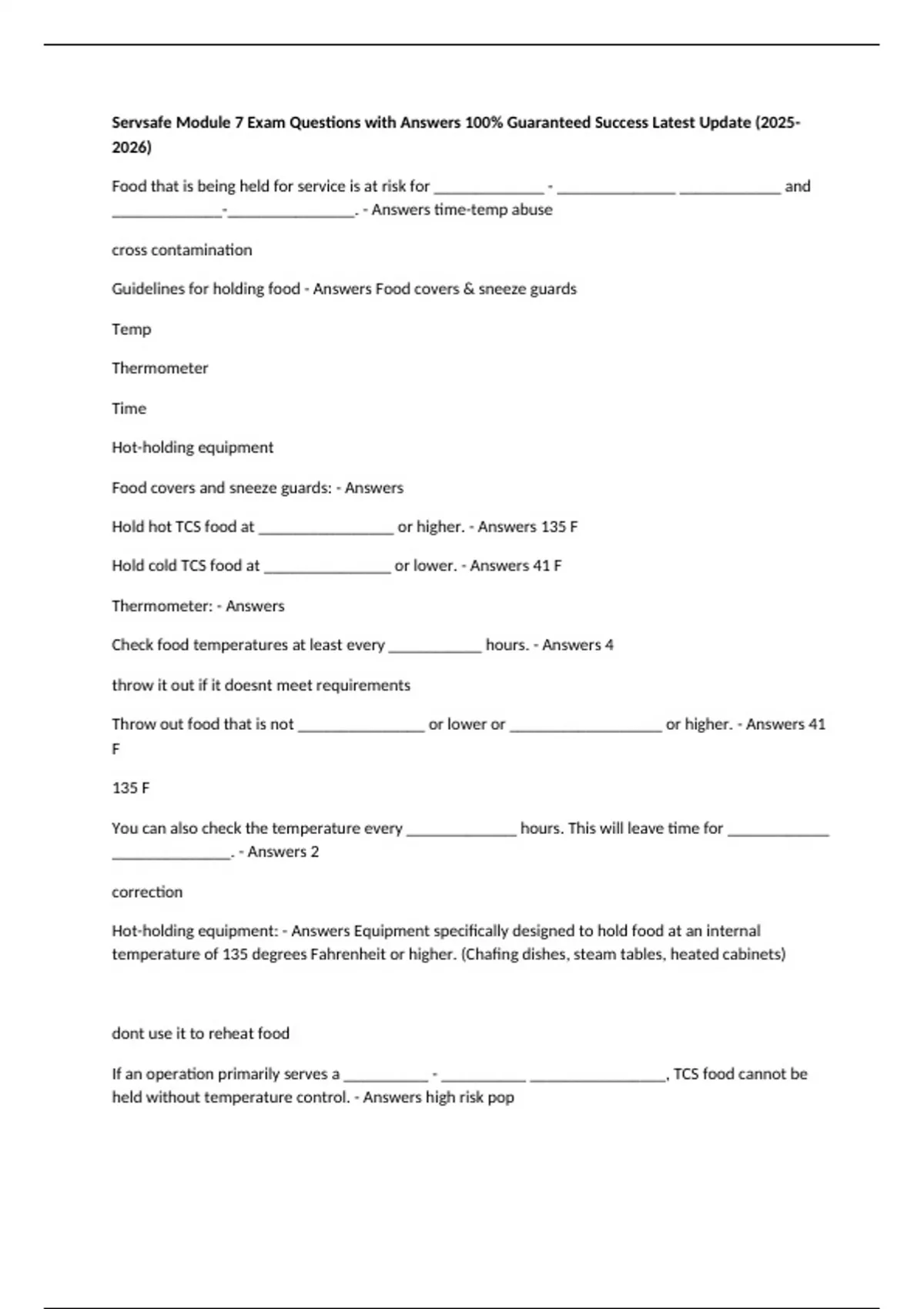 Servsafe Module 7 Exam Questions with Answers 100% Guaranteed Success ...