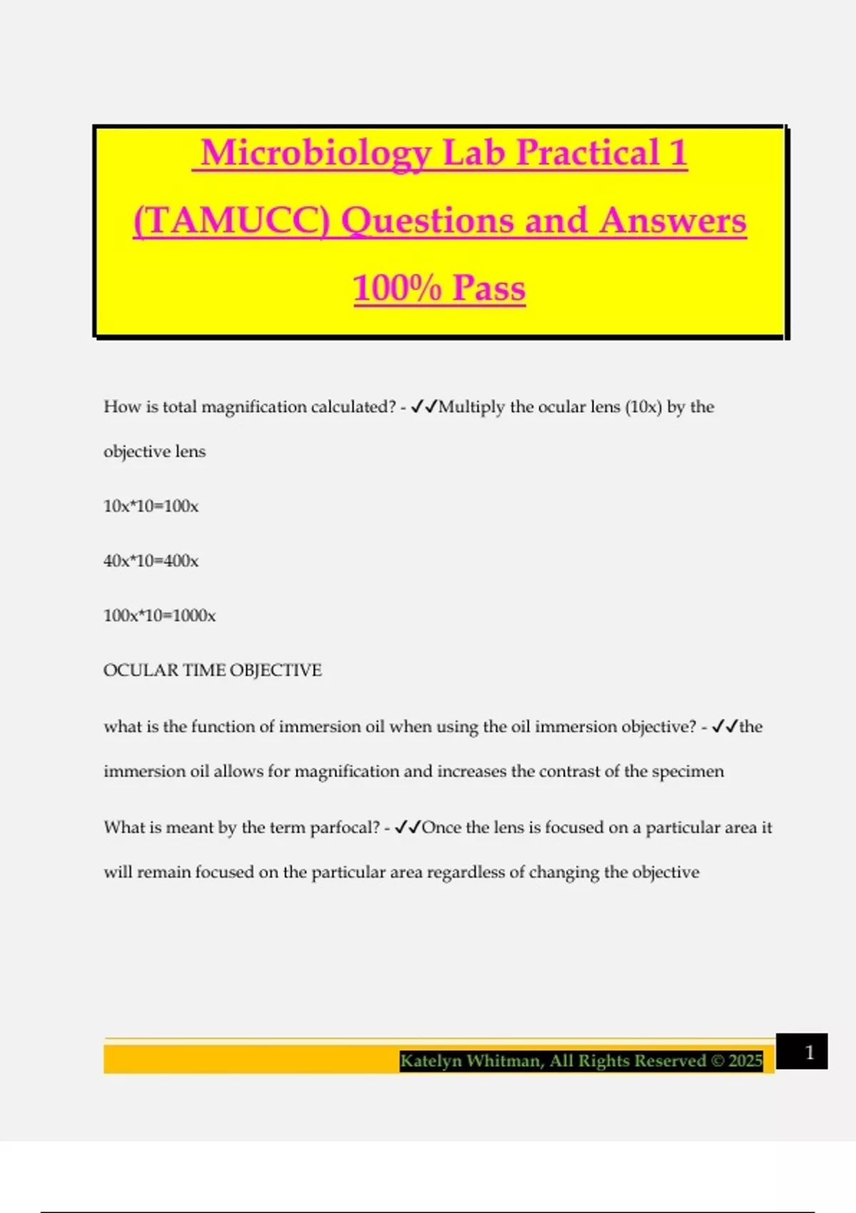Microbiology Lab Practical 1 (TAMUCC) Questions and Answers 100% Pass ...