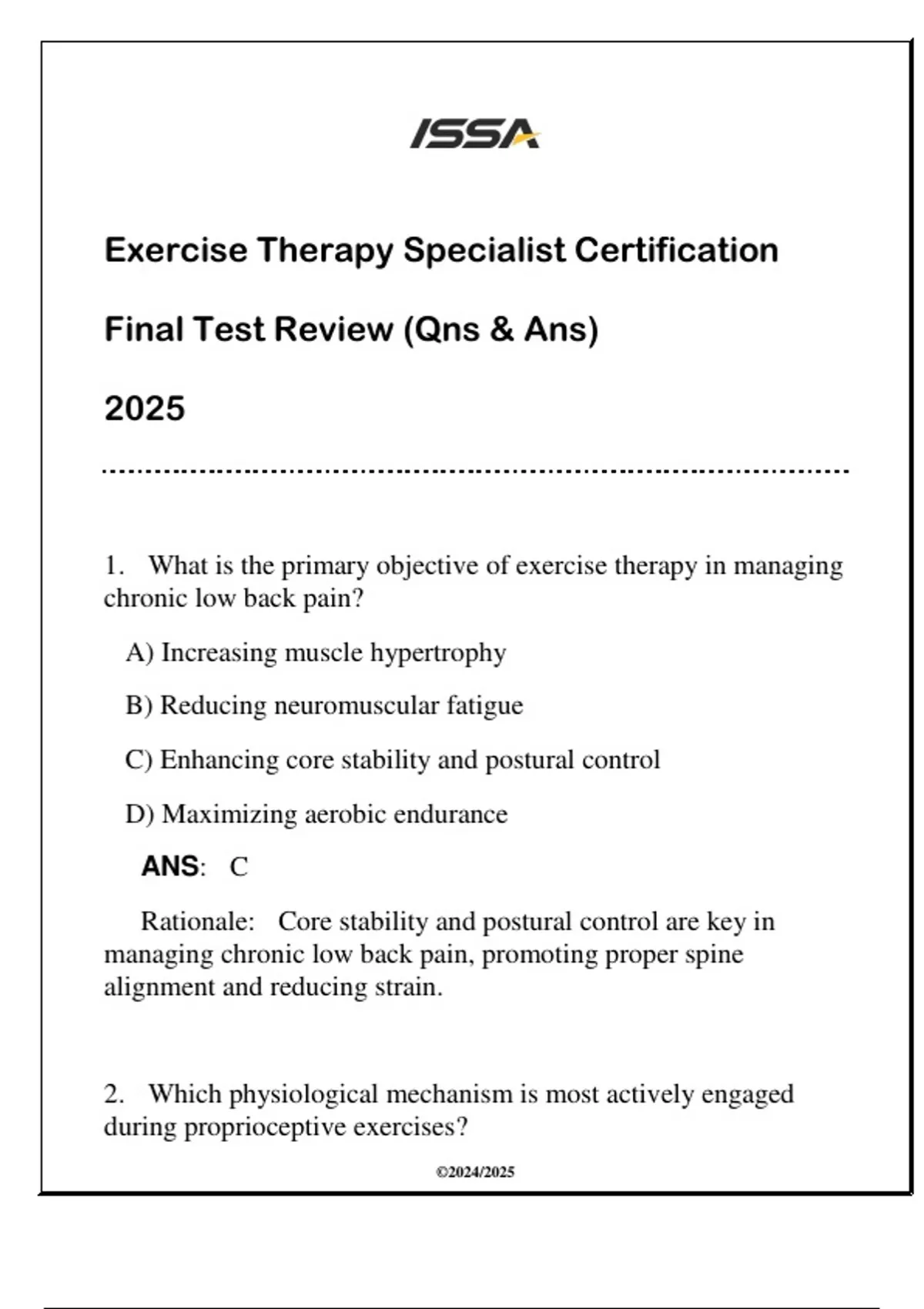 ISSA Exercise Therapy Specialist Certification Final Test Review Qns ...