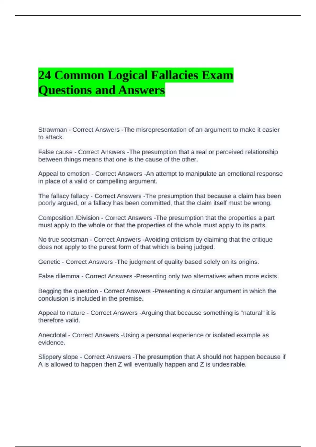 24 Common Logical Fallacies Exam Questions and Answers - Logical Fallacies - Stuvia US