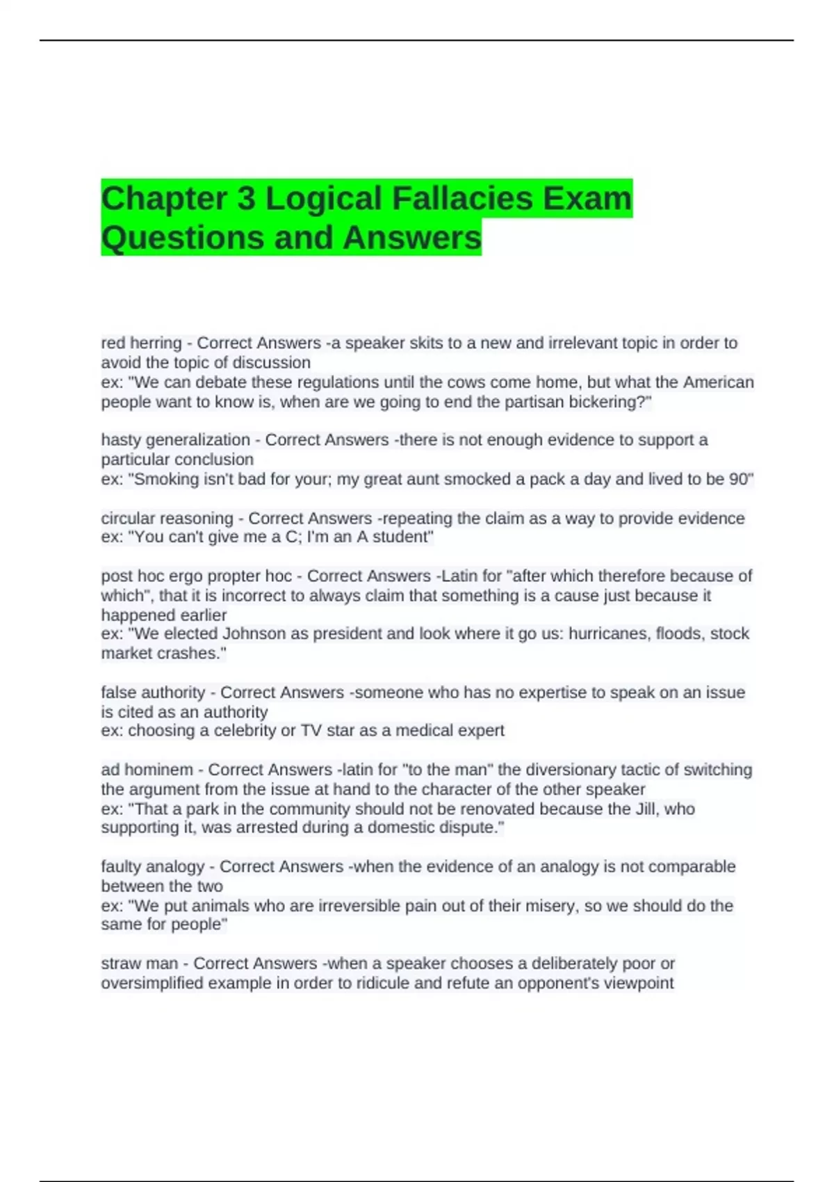 Chapter 3 Logical Fallacies Exam Questions and Answers - Logical Fallacies - Stuvia US