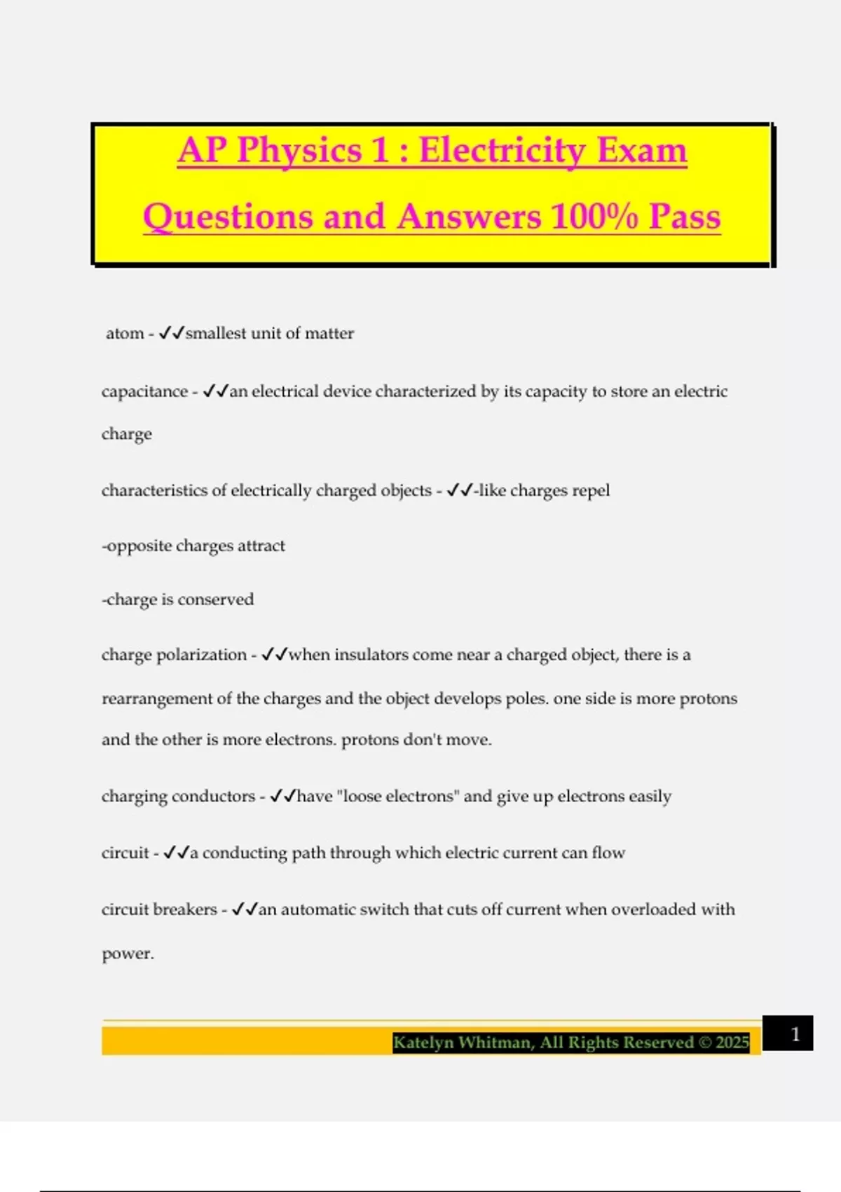 AP Physics 1 : Electricity Exam Questions and Answers 100% Pass - AP ...