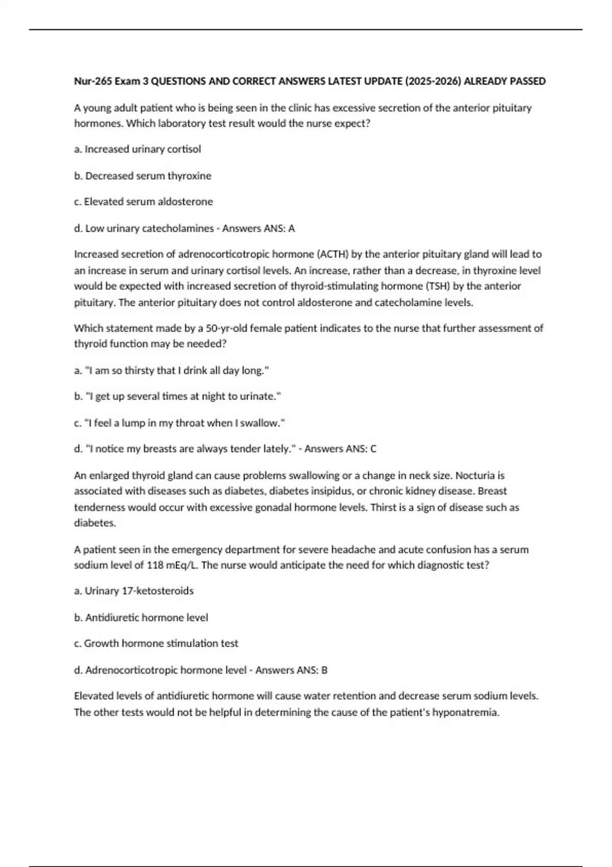 Nur-265 Exam 3 QUESTIONS AND CORRECT ANSWERS LATEST UPDATE () ALREADY ...