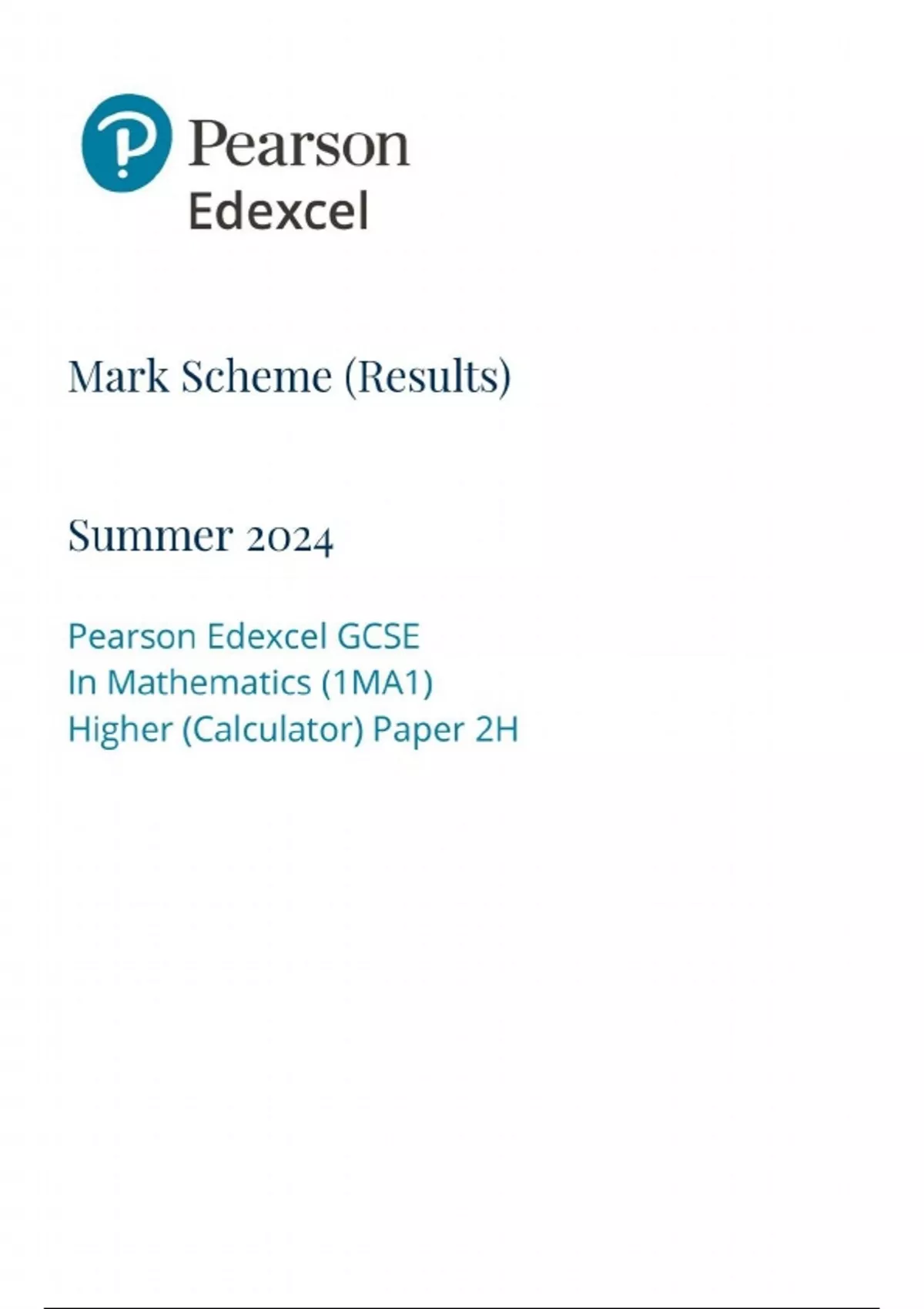 Actual 2024 Edexcel GCSE Higher Mathematics Paper 2 Mark Scheme ...