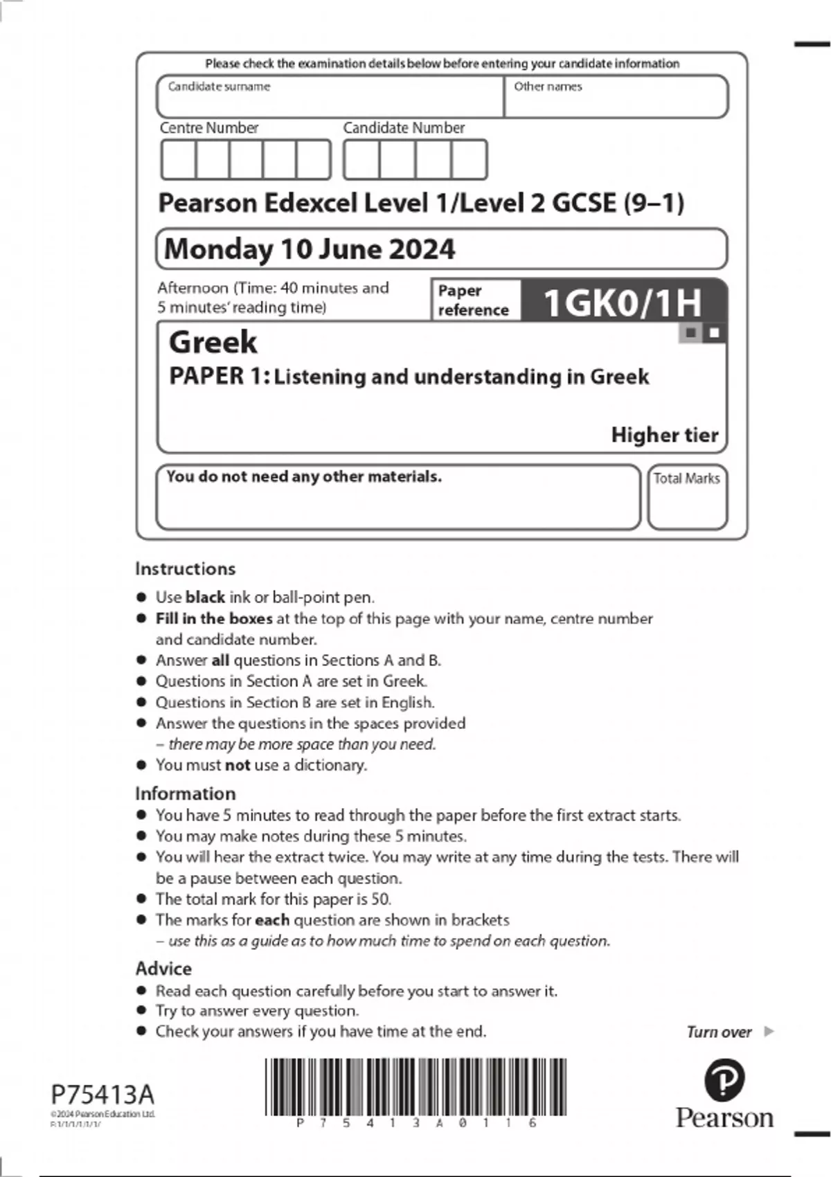 2024 Pearson Edexcel Level 1/Level 2 GCSE (9–1) Greek PAPER 1 ...
