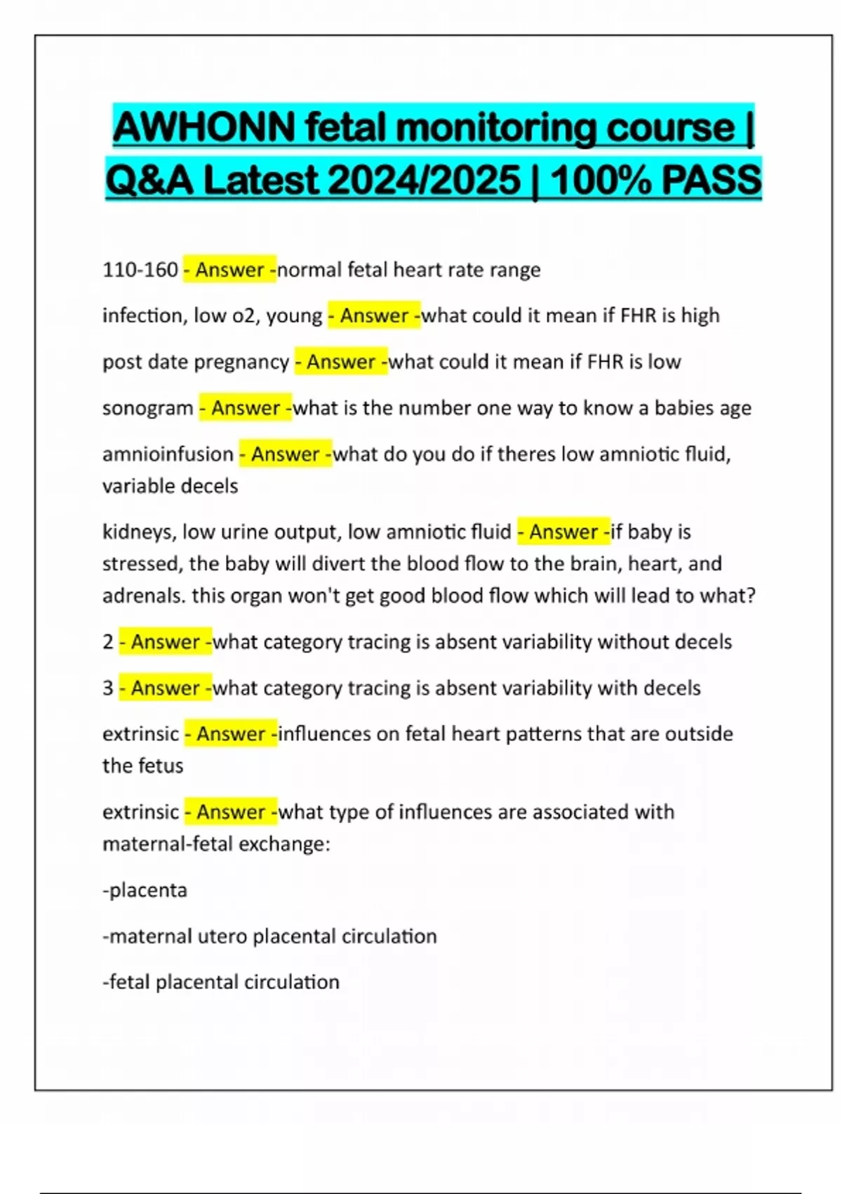 AWHONN fetal monitoring course | Q&A Latest 2024/2025 | 100% PASS ...