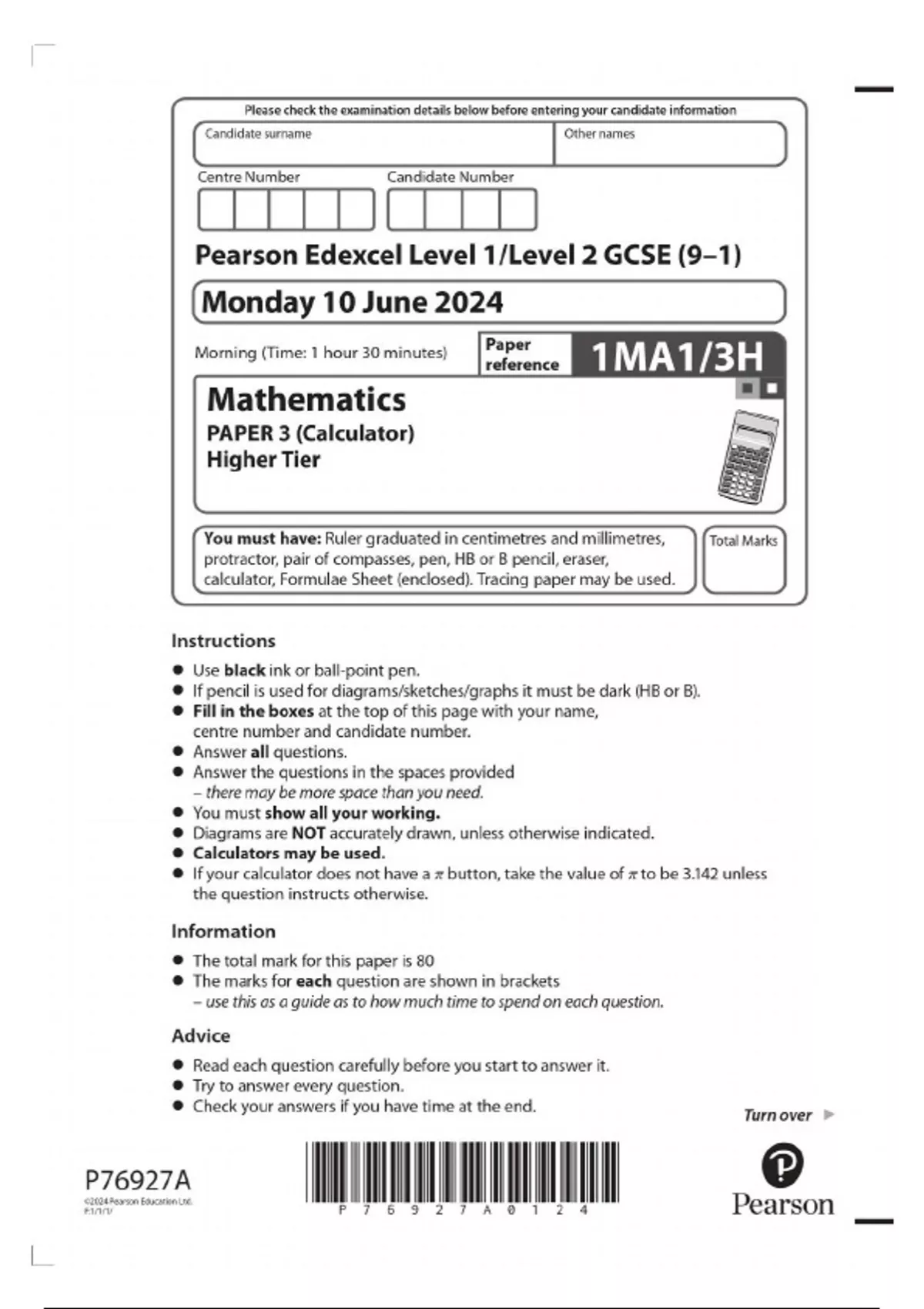 Actual 2024 Edexcel GCSE Higher Mathematics Paper 3 (Calculator ...