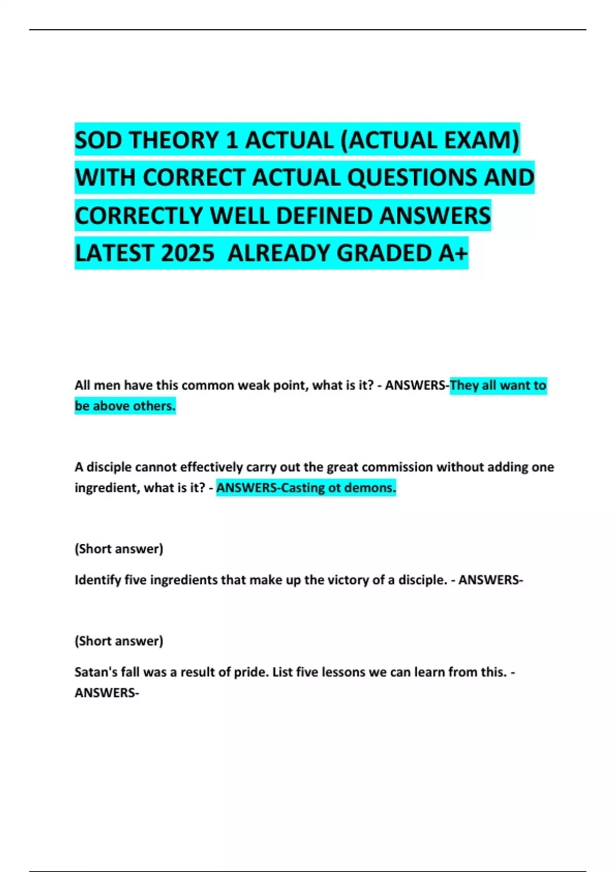 SOD THEORY 1 ACTUAL (ACTUAL EXAM) WITH CORRECT ACTUAL QUESTIONS AND ...