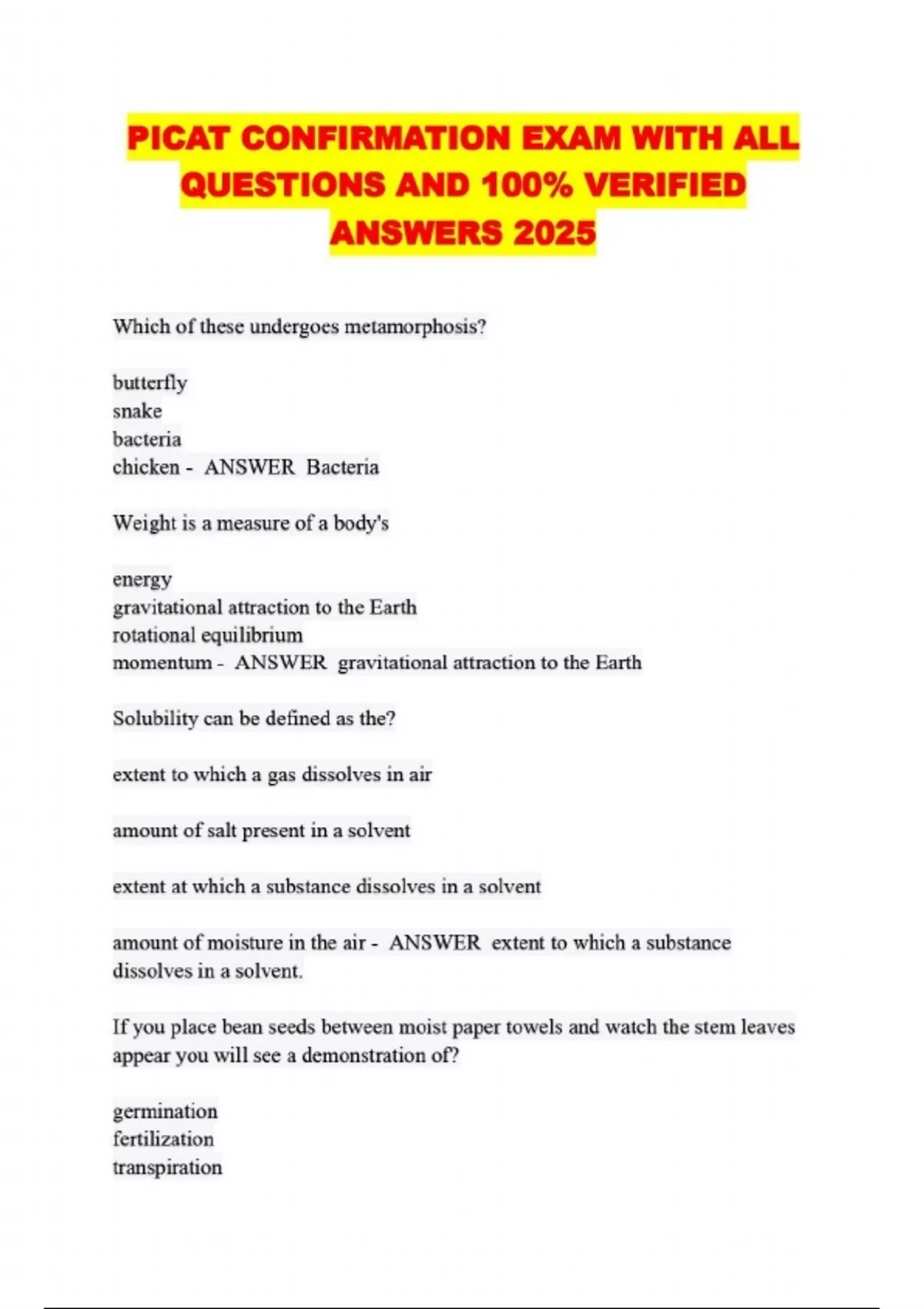 PICAT CONFIRMATION EXAM WITH ALL QUESTIONS AND 100 VERIFIED ANSWERS ...