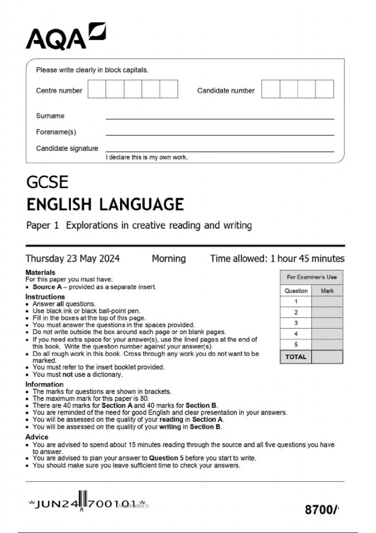 Actual June 2024 GCSE AQA English Language Paper 1 Question Paper - English - Stuvia UK