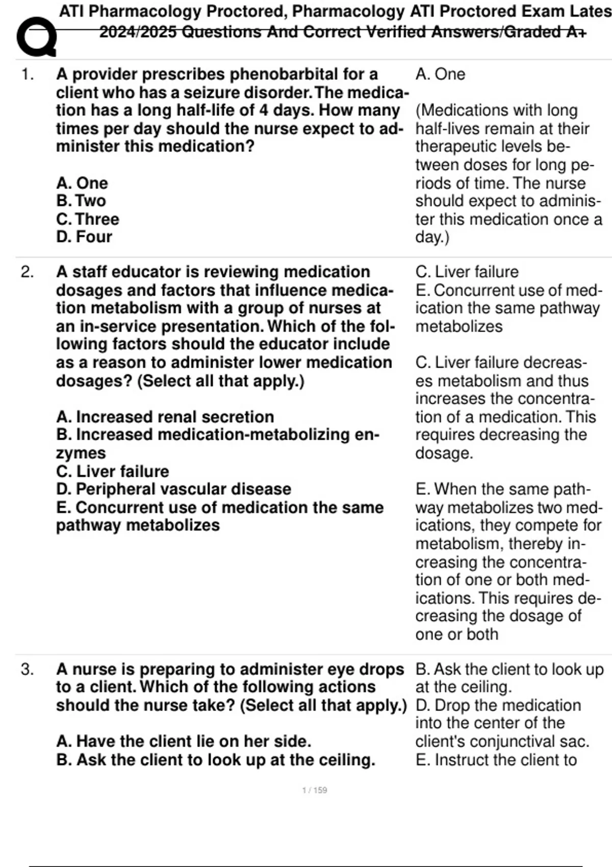 ATI Pharmacology Proctored, Pharmacology ATI Proctored Exam Latest 2024 ...