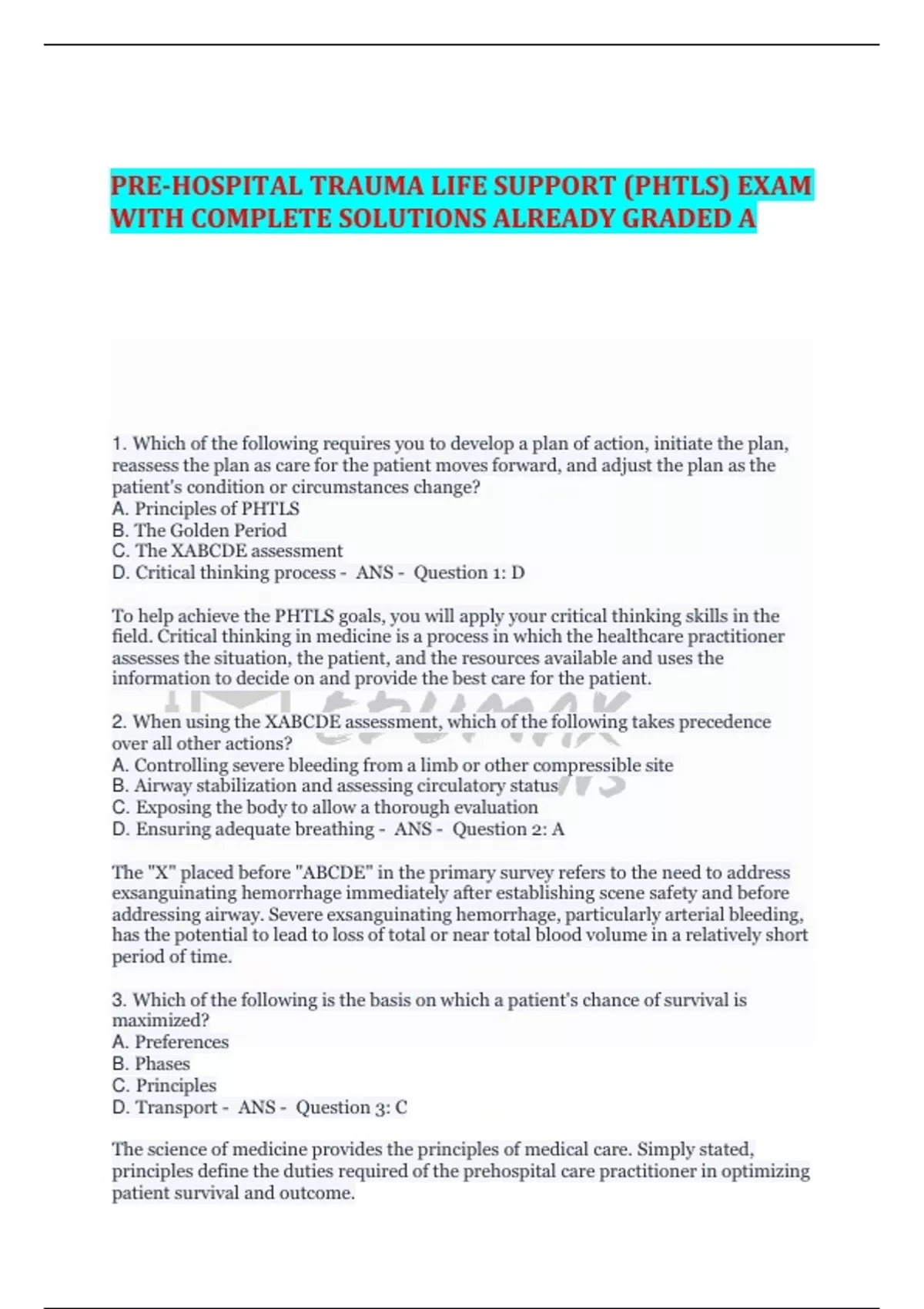 PRE-HOSPITAL TRAUMA LIFE SUPPORT (PHTLS) EXAM WITH COMPLETE SOLUTIONS ...