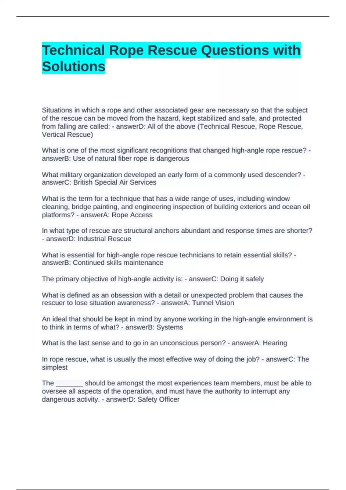 Technical Rope Rescue Questions with Solutions - Technical Rescue ...