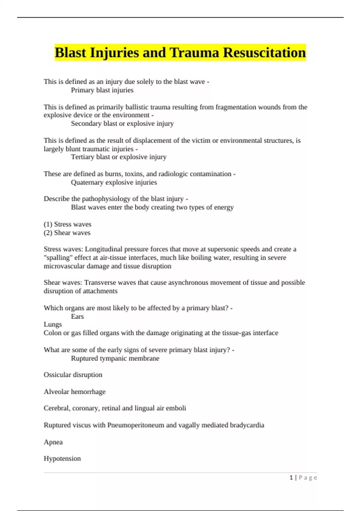 Blast Injuries and Trauma Resuscitation - TNCC - Stuvia US
