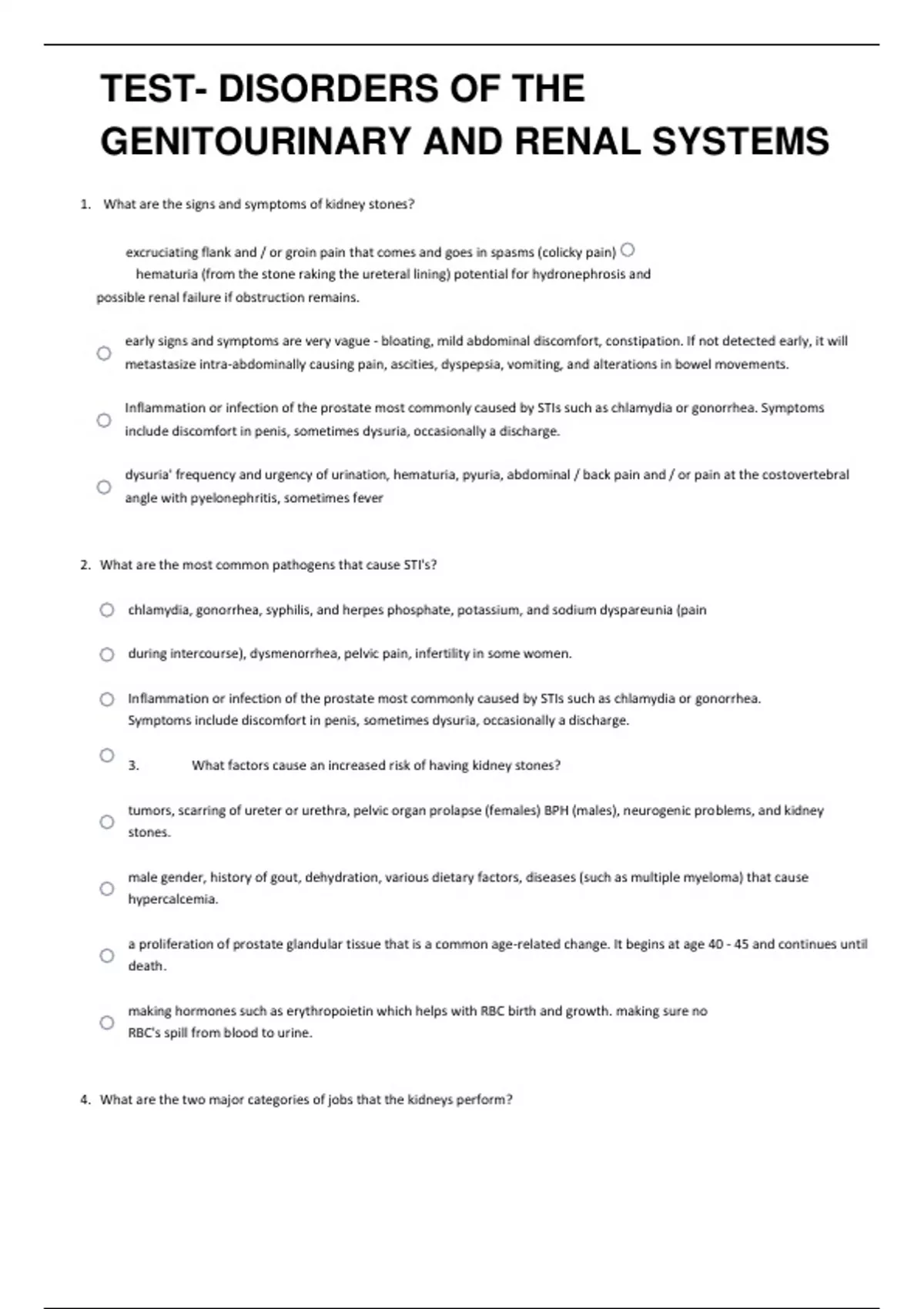 DISORDERS OF THE GENITOURINARY AND RENAL SYSTEMS - TEST- DISORDERS OF ...