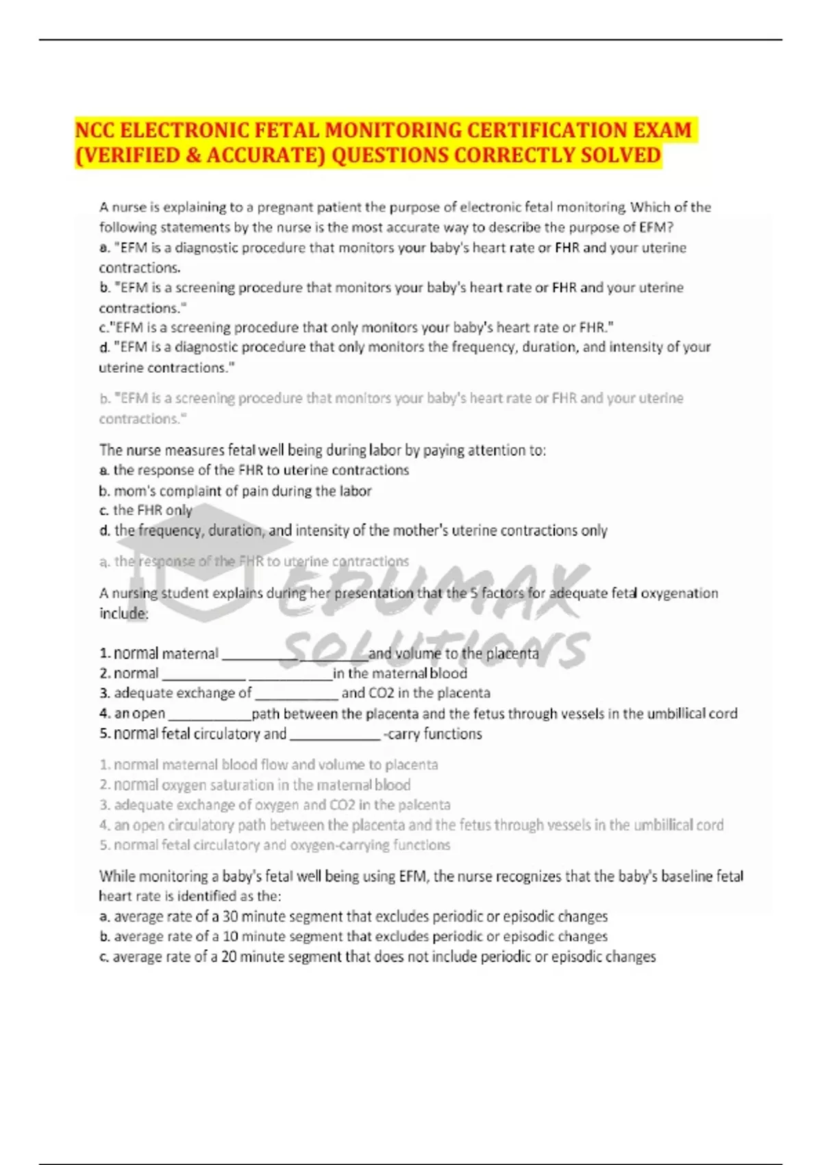NCC ELECTRONIC FETAL MONITORING CERTIFICATION EXAM (VERIFIED & ACCURATE) QUESTIONS CORRECTLY ...
