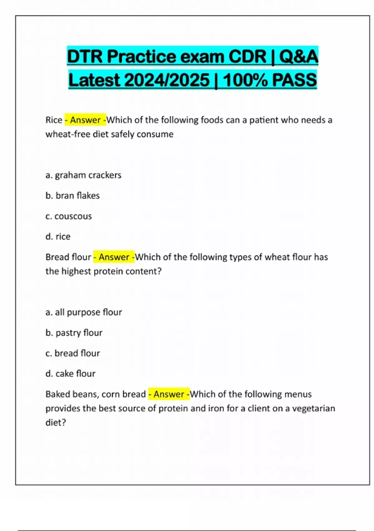 DTR Practice exam CDR | Q&A Latest 2024/2025 | 100% PASS - CDR - Stuvia US