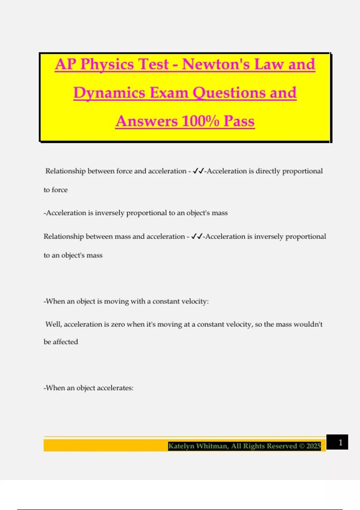 AP Physics Test - Newton's Law and Dynamics Exam Questions and Answers ...