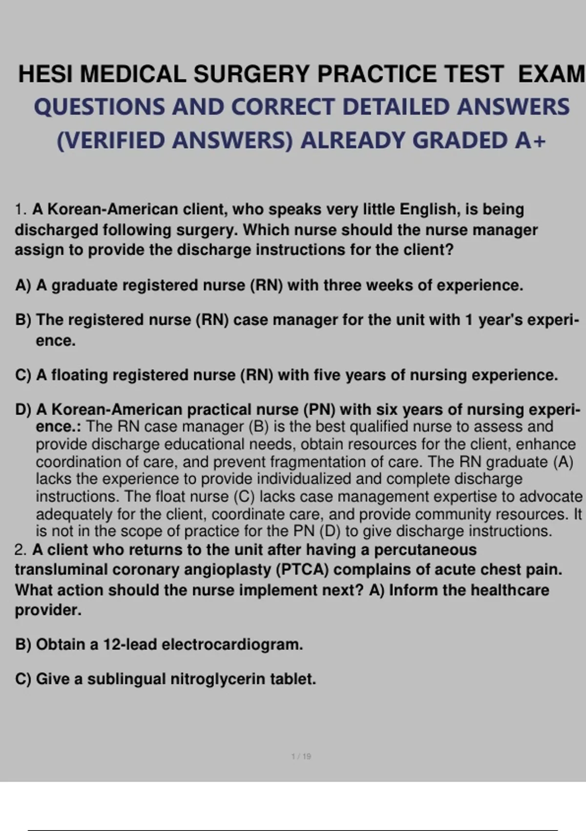 HESI MEDICAL SURGERY PRACTICE TEST EXAM QUESTIONS AND CORRECT DETAILED ...