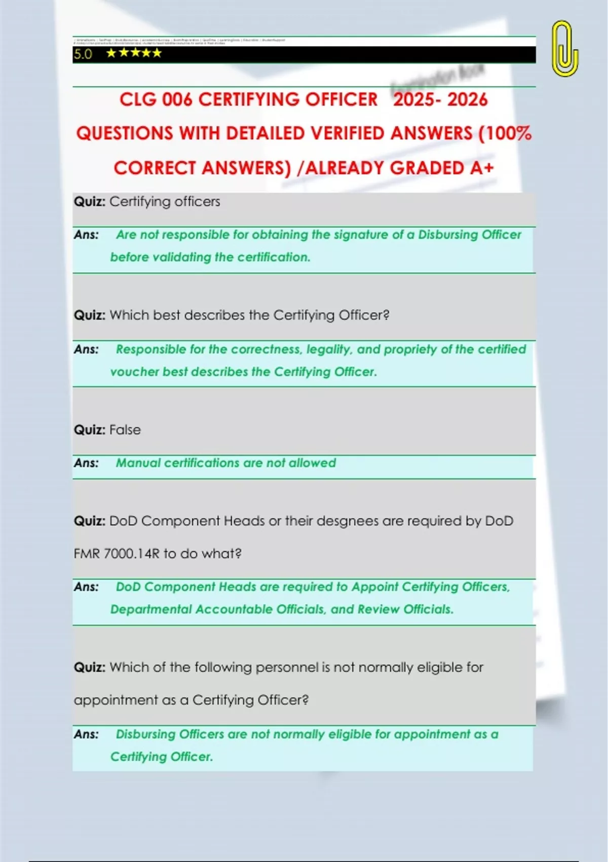 CLG 006 CERTIFYING OFFICER QUESTIONS WITH DETAILED VERIFIED ANSWERS ...