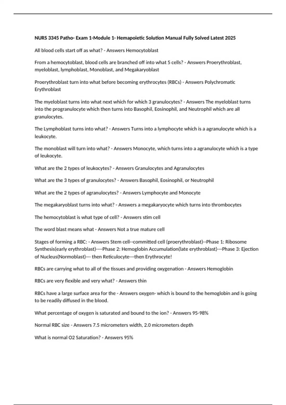 NURS 3345 Patho- Exam 1-Module 1- Hemapoietic Solution Manual Fully ...
