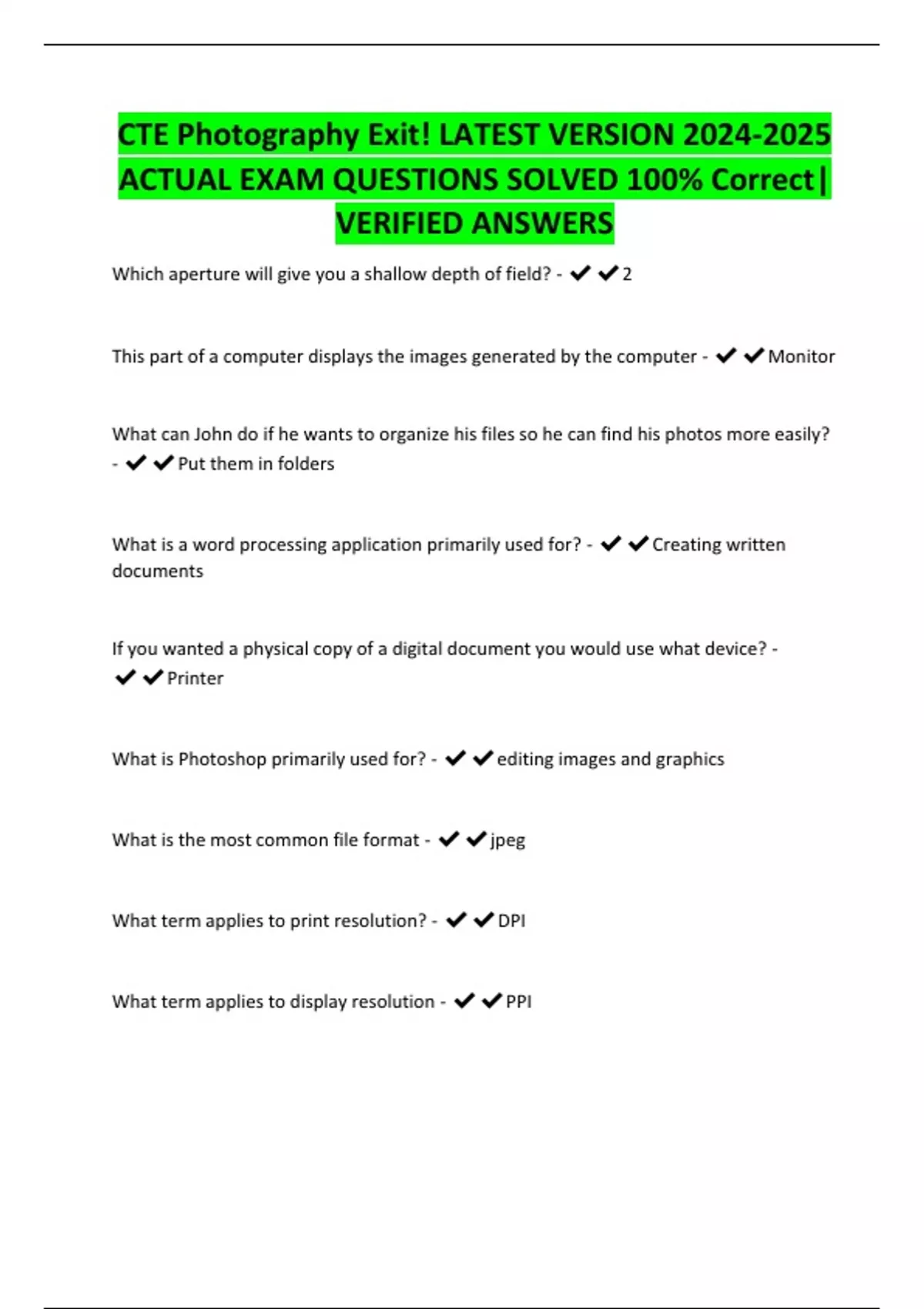 CTE Photography Exit! LATEST VERSION ACTUAL EXAM QUESTIONS SOLVED 100% ...