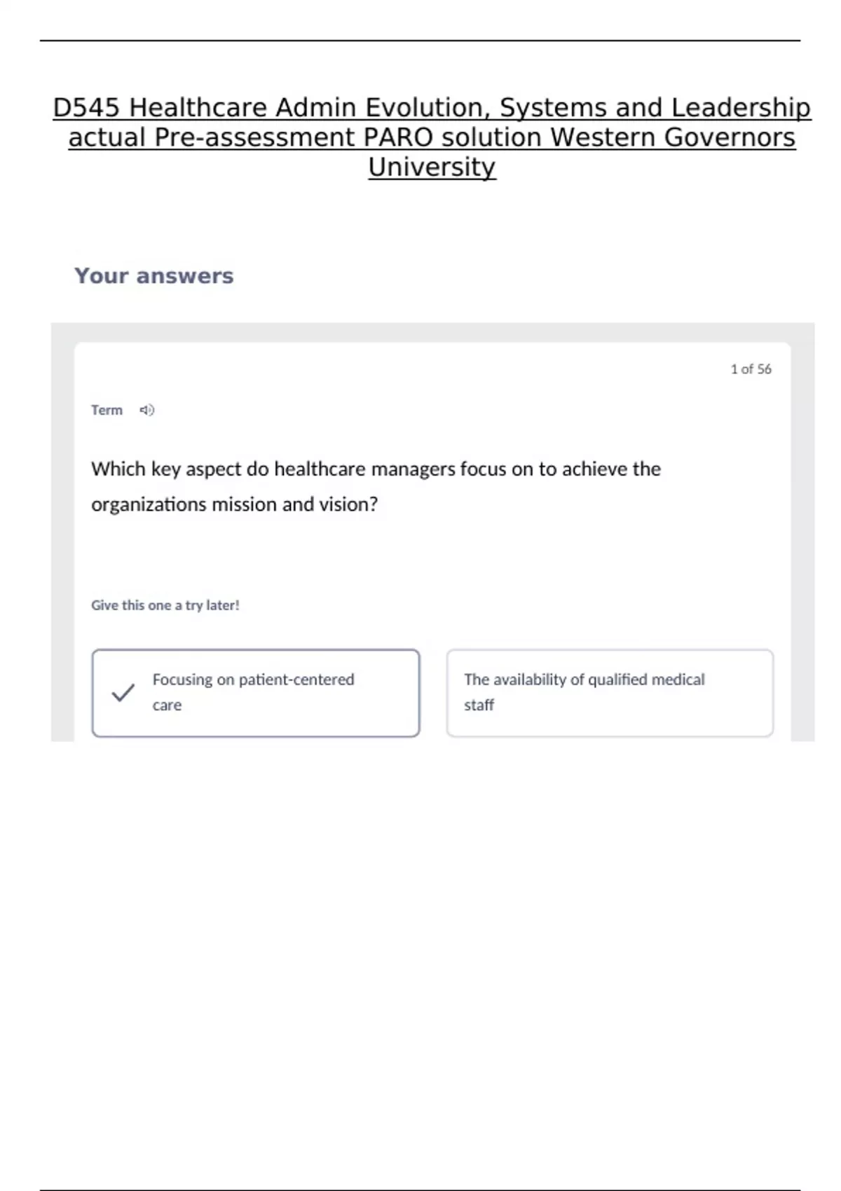 D545 Healthcare Admin Evolution, Systems and Leadership actual Pre ...