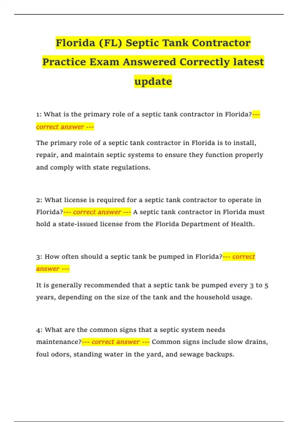 Florida (FL) Septic Tank Contractor Practice Exam Answered Correctly ...