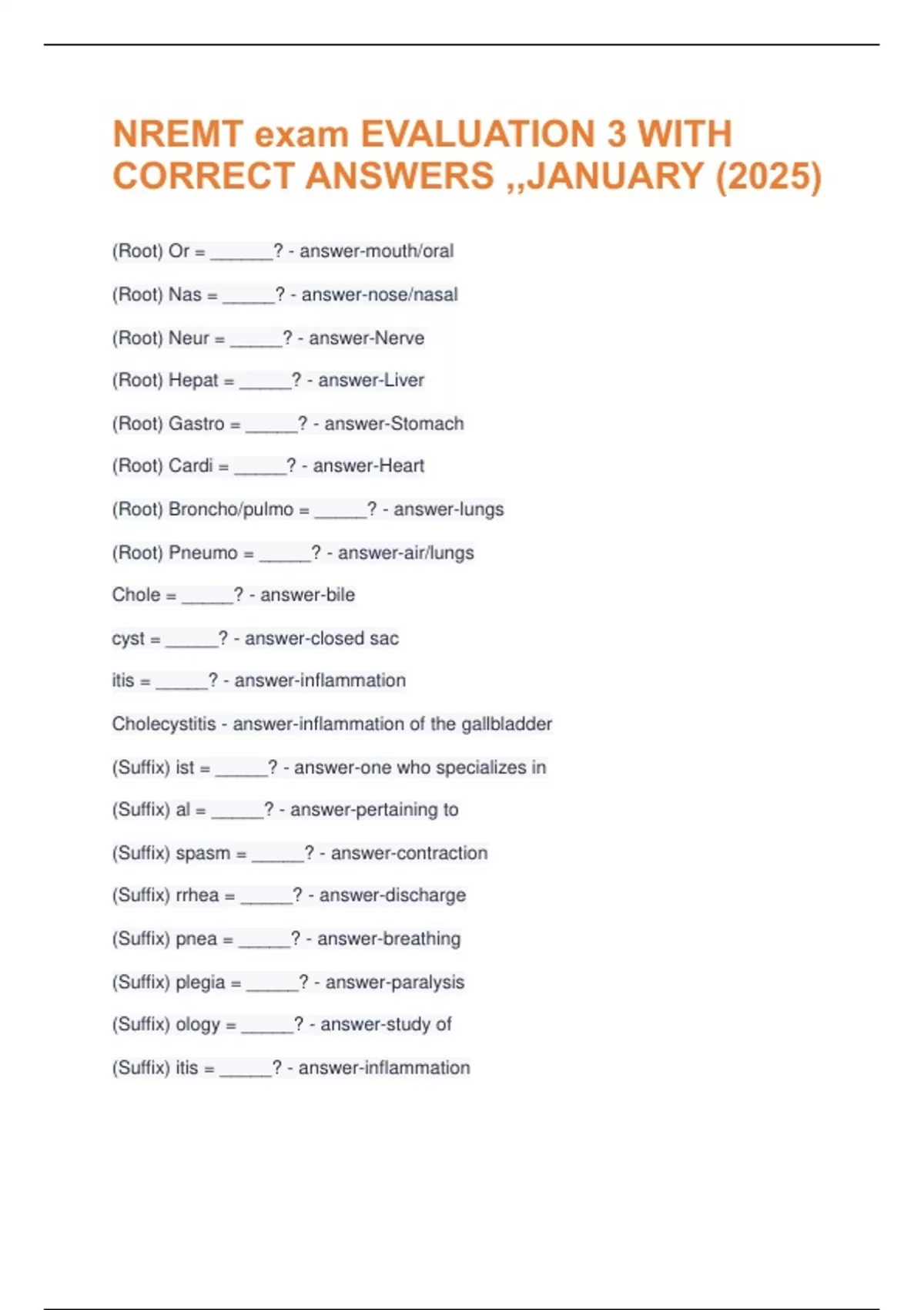 NREMT exam EVALUATION 3 WITH CORRECT ANSWERS ,,JANUARY (2025) - NREMT ...
