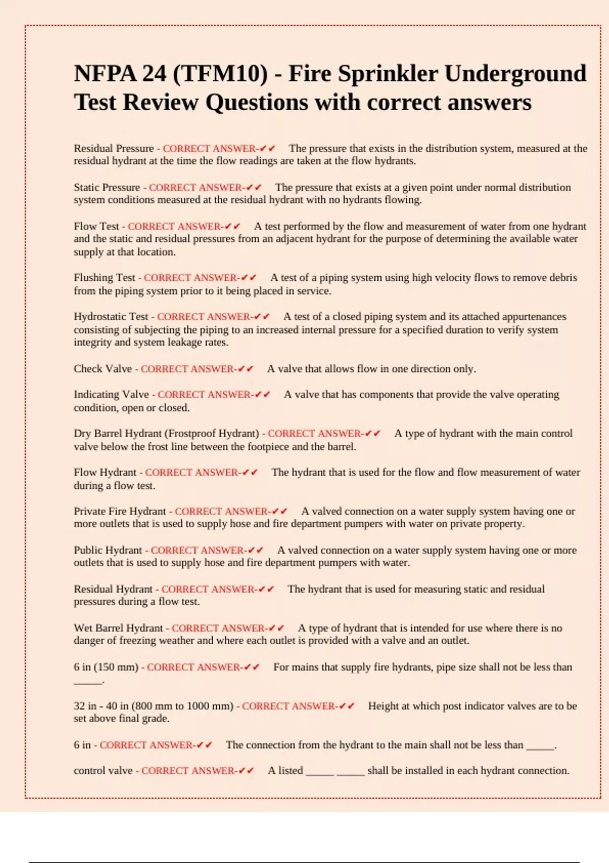 NFPA 24 (TFM10) - Fire Sprinkler Underground Test Review Questions with ...