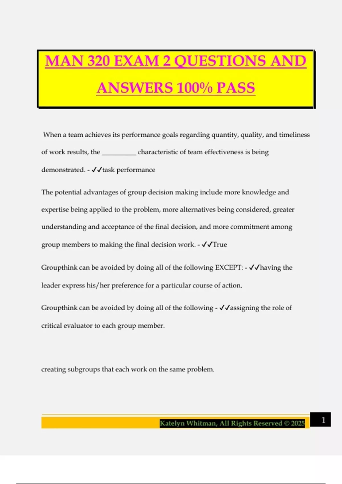 MAN 320 EXAM 2 QUESTIONS AND ANSWERS 100% PASS - MAN 320F - Stuvia US