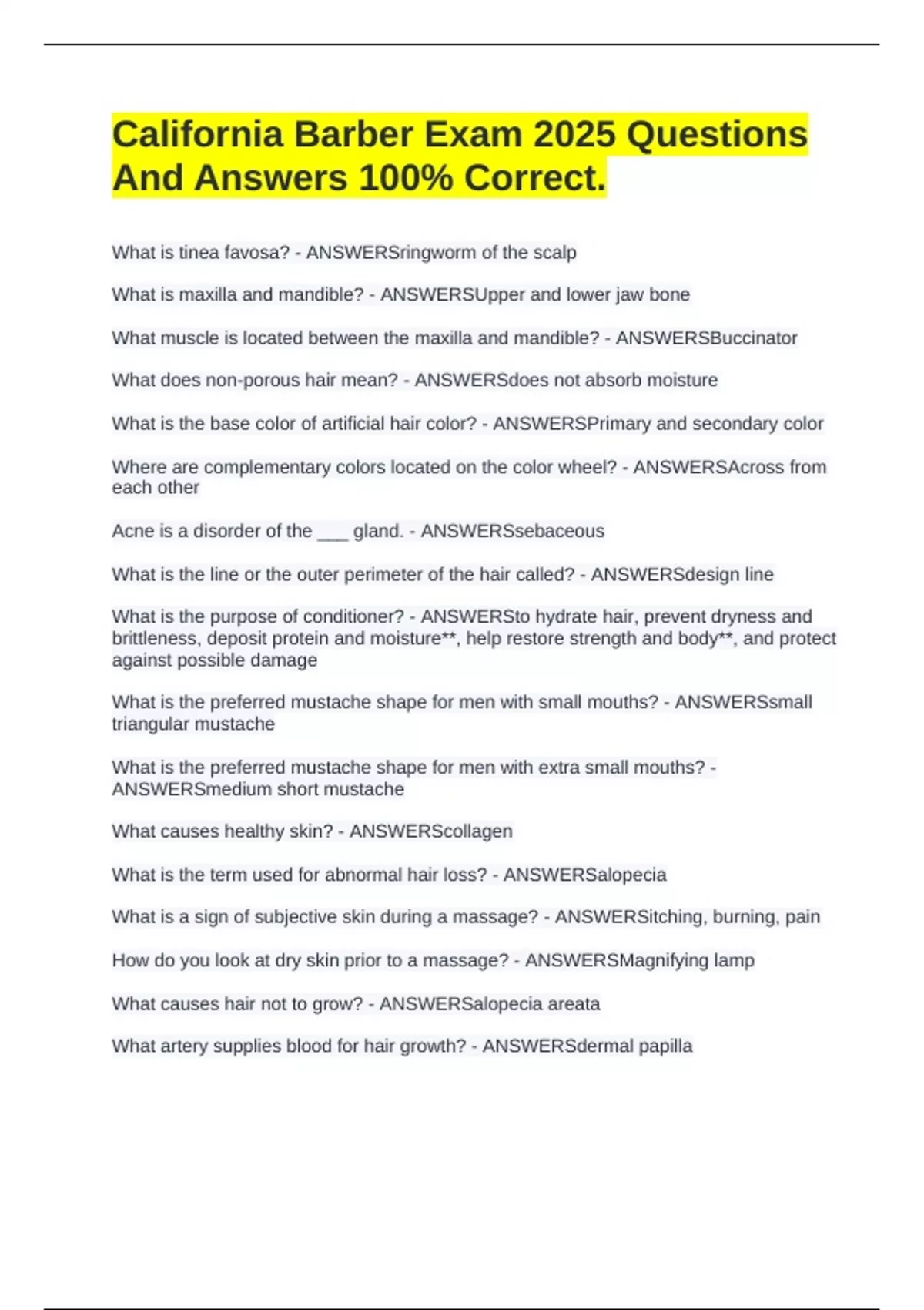 California Barber Exam 2025 Questions And Answers 100% Correct ...