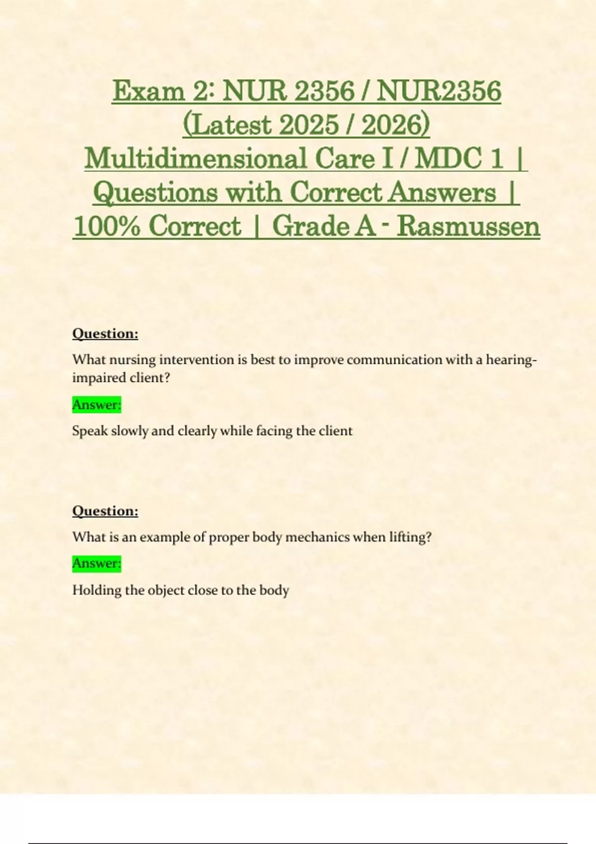 Exam 2: NUR 2356 / NUR2356 (Latest 2025 / 2026) Multidimensional Care I ...