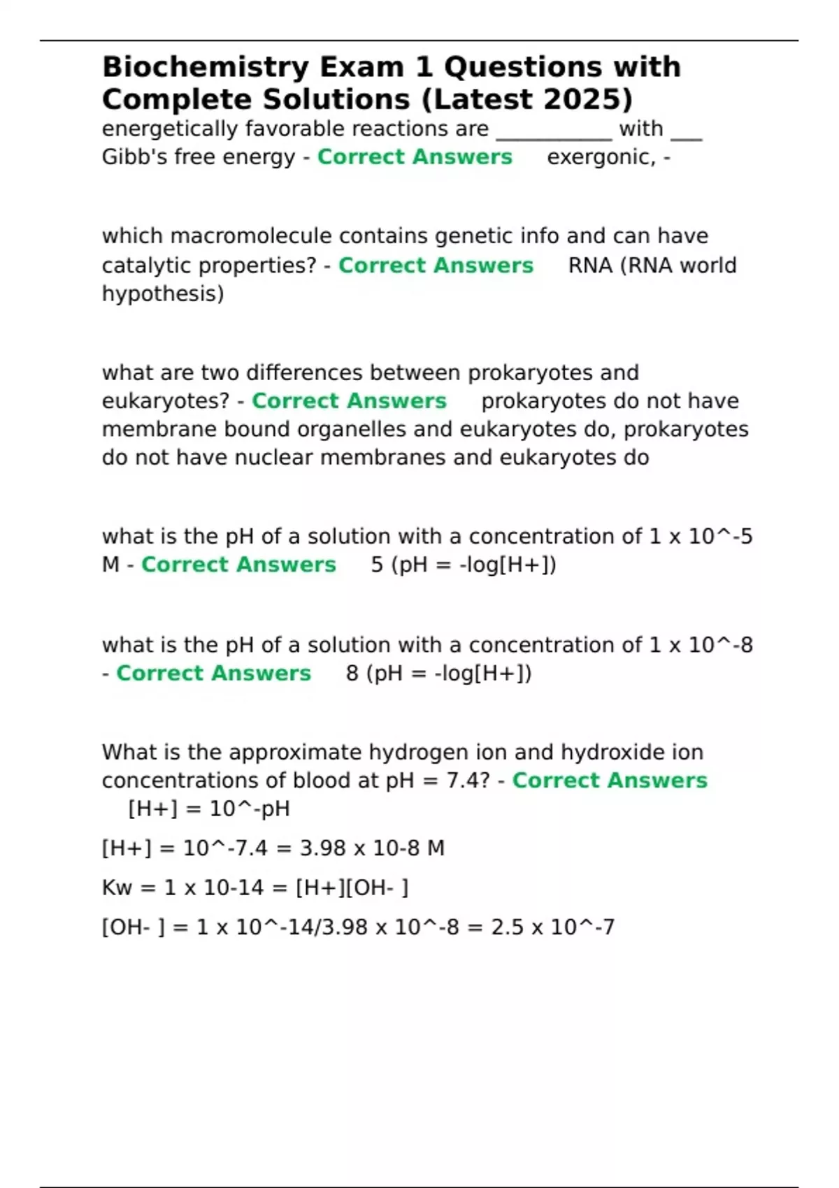 Biochemistry Exam 1 Questions with Complete Solutions (Latest 2025 ...