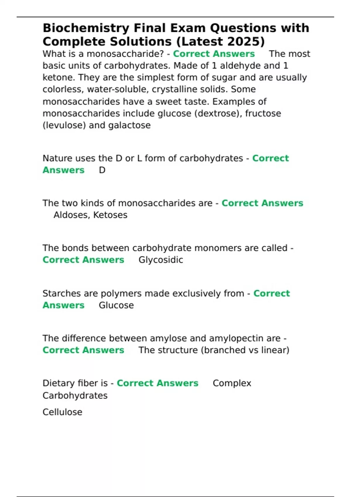 Biochemistry Final Exam Questions with Complete Solutions (Latest 2025 ...