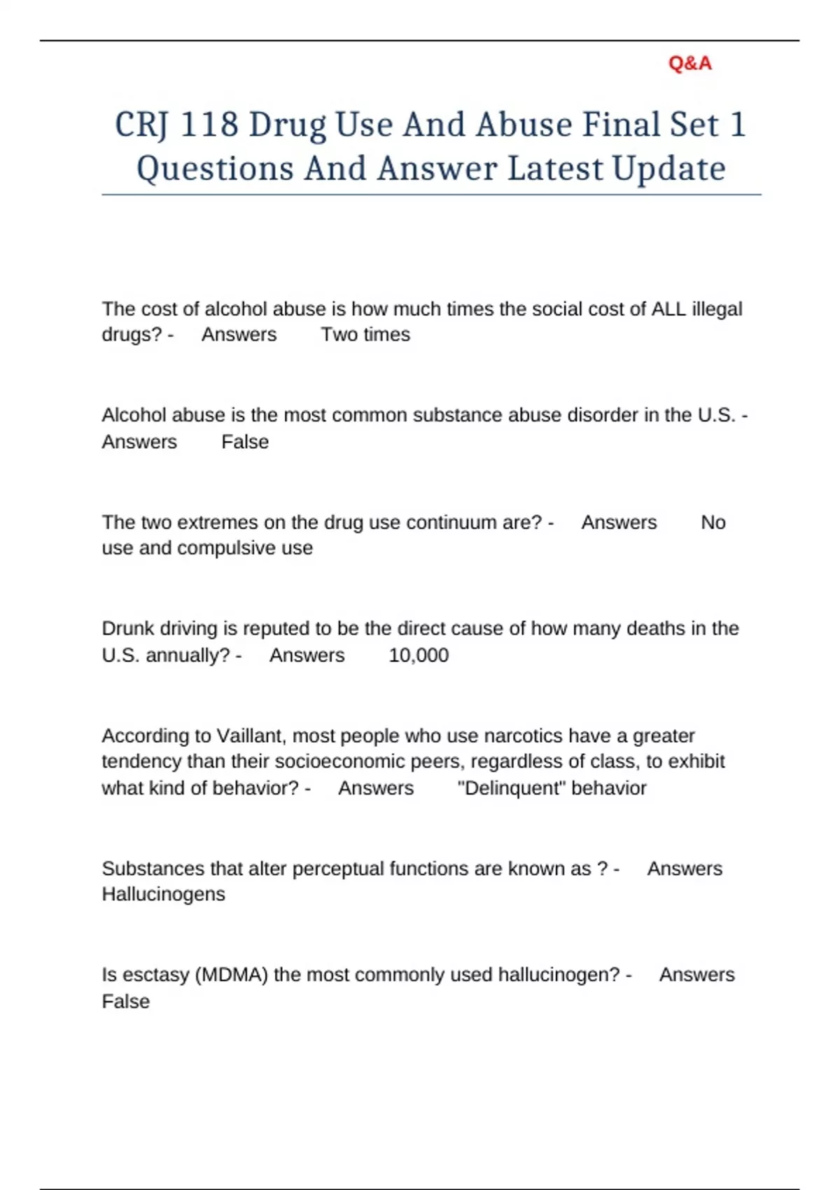 CRJ 118 Drug Use And Abuse Final Set 1 Questions And Answer Latest ...