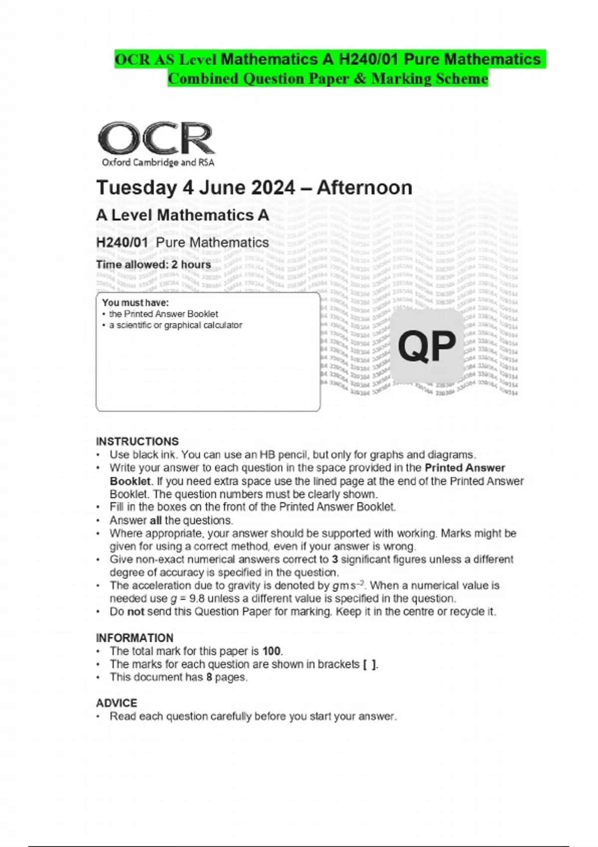 OCR AS Level Mathematics A H240/01 Pure Mathematics Combined Question ...