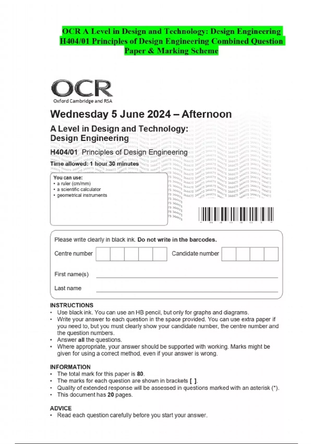 2024 OCR A Level in Design and Technology: Design Engineering H404/01 ...