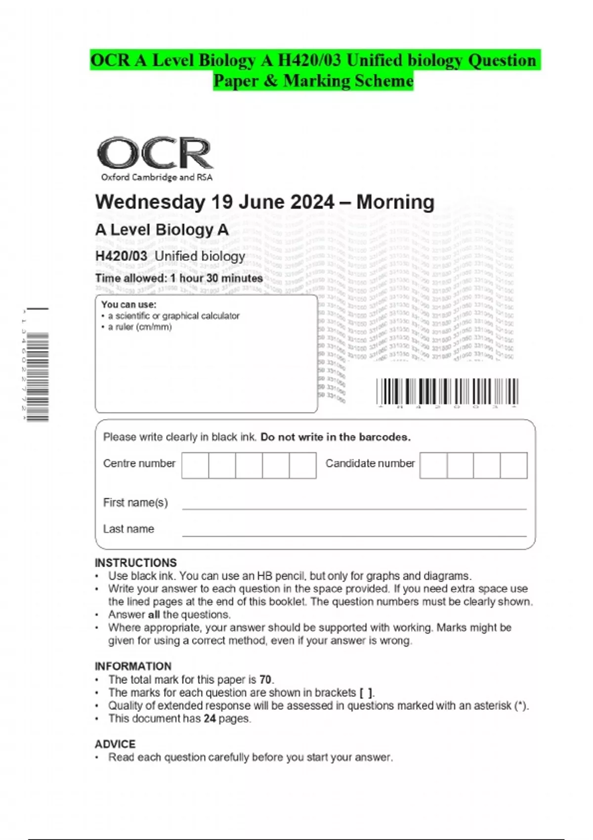 2024 OCR A Level Biology A H420/03 Unified biology Question Paper ...