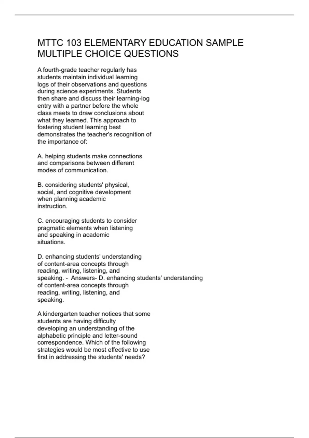 MTTC 103 ELEMENTARY EDUCATION SAMPLE MULTIPLE CHOICE QUESTIONS - MTTC ...