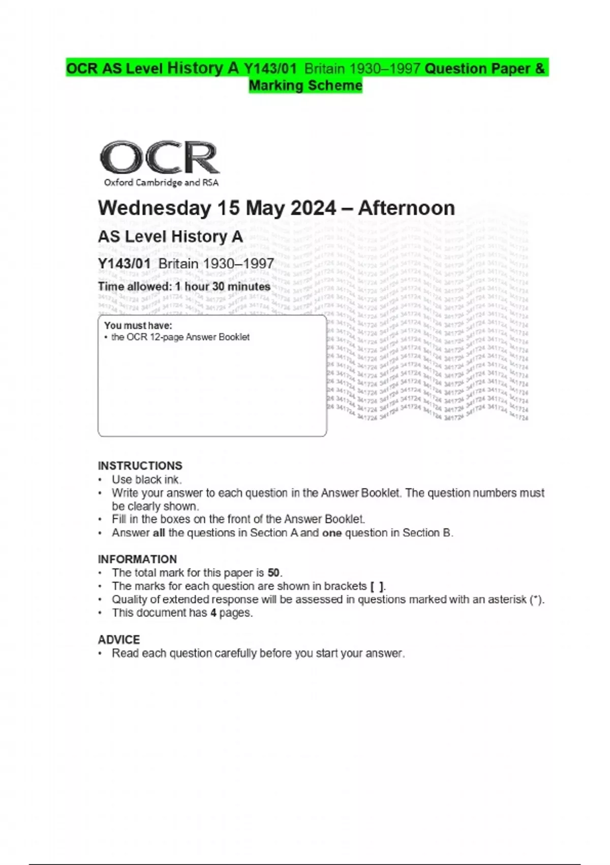 OCR AS Level History A Y143/01 Britain 1930–1997 Question Paper ...