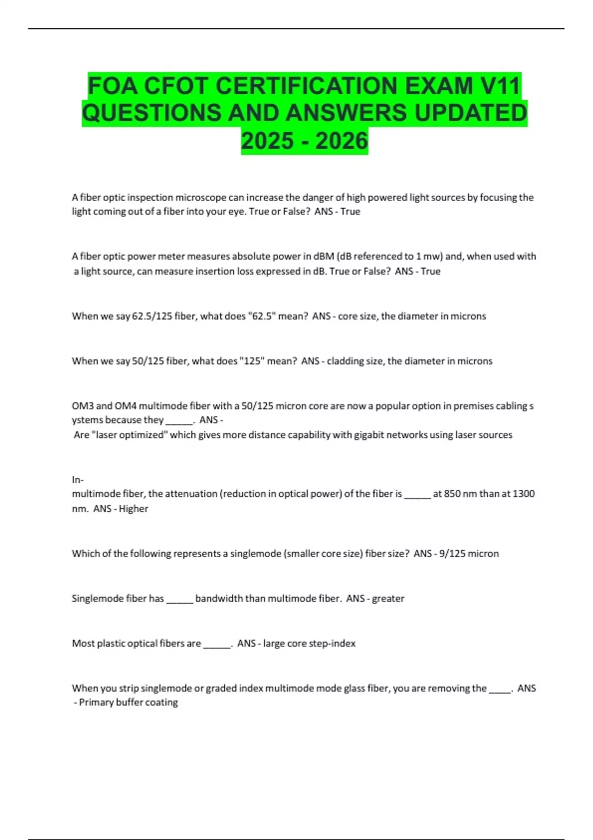 FOA CFOT CERTIFICATION EXAM V11 QUESTIONS AND ANSWERS UPDATED - CFOS - Stuvia US