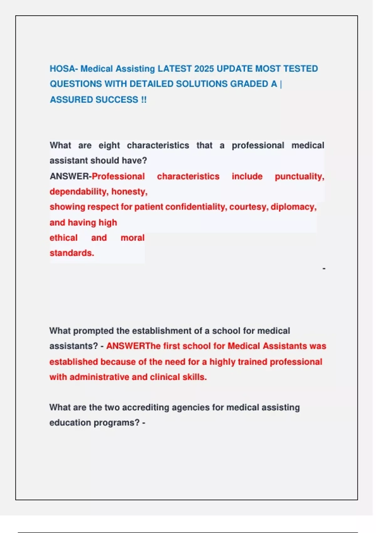 HOSA MEDICAL ASSISTING 2025/2026 EXAMS - Stuvia US