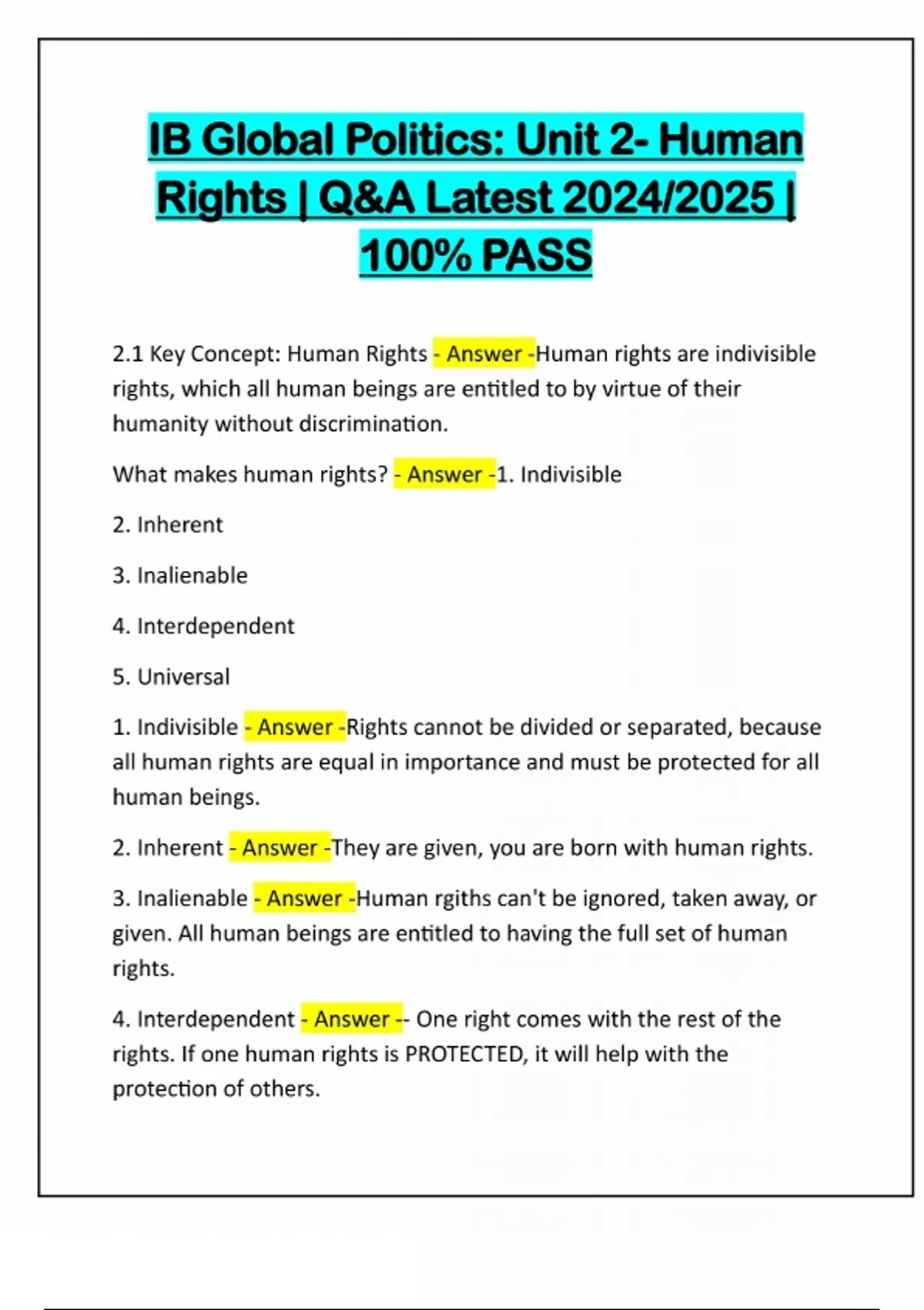 IB Global Politics: Unit 2- Human Rights | Q&A Latest 2024/2025 | 100% ...