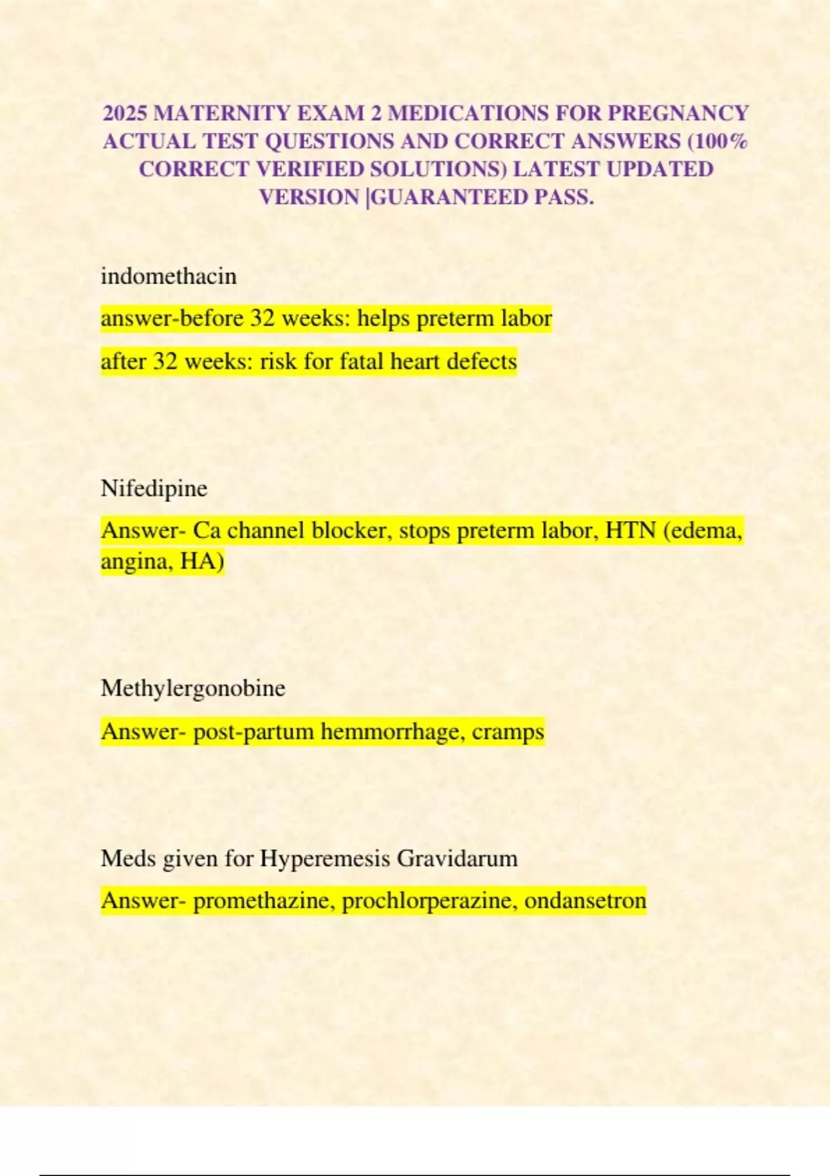 2025 MATERNITY EXAM 2 MEDICATIONS FOR PREGNANCY ACTUAL TEST QUESTIONS ...