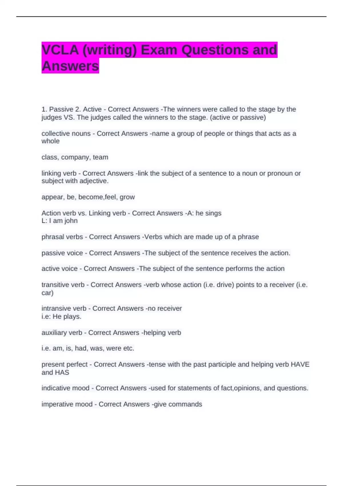 VCLA (writing) Exam Questions and Answers - VCLA - Stuvia US