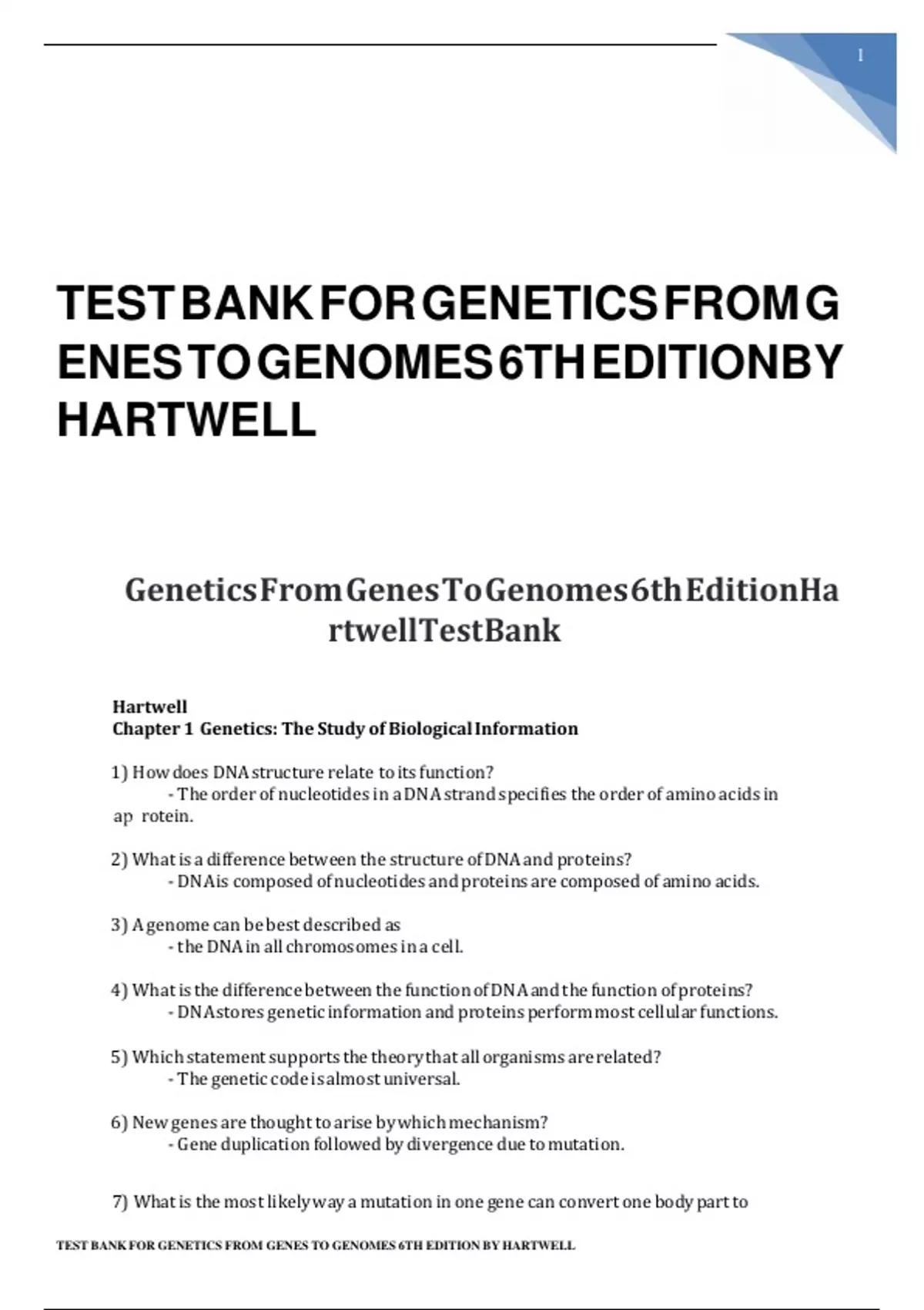 TEST BANK FOR GENETICS FROM GENES TO GENOMES 6TH EDITION BY HARTWELL ...