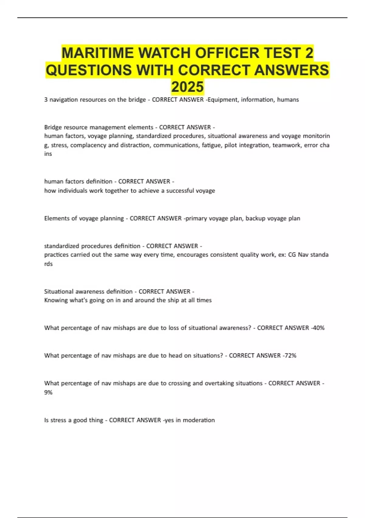 MARITIME WATCH OFFICER TEST 2 QUESTIONS WITH CORRECT ANSWERS 2025 ...