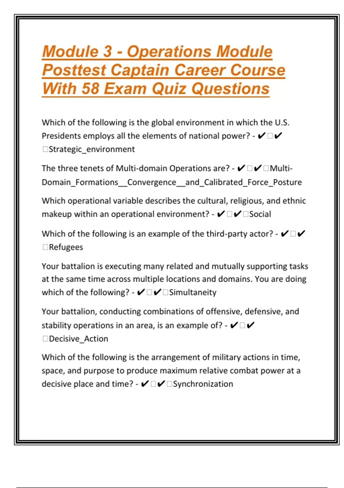 Module 3 Operations Module Posttest Captain Career Course With 58 Exam Quiz Questions With 100